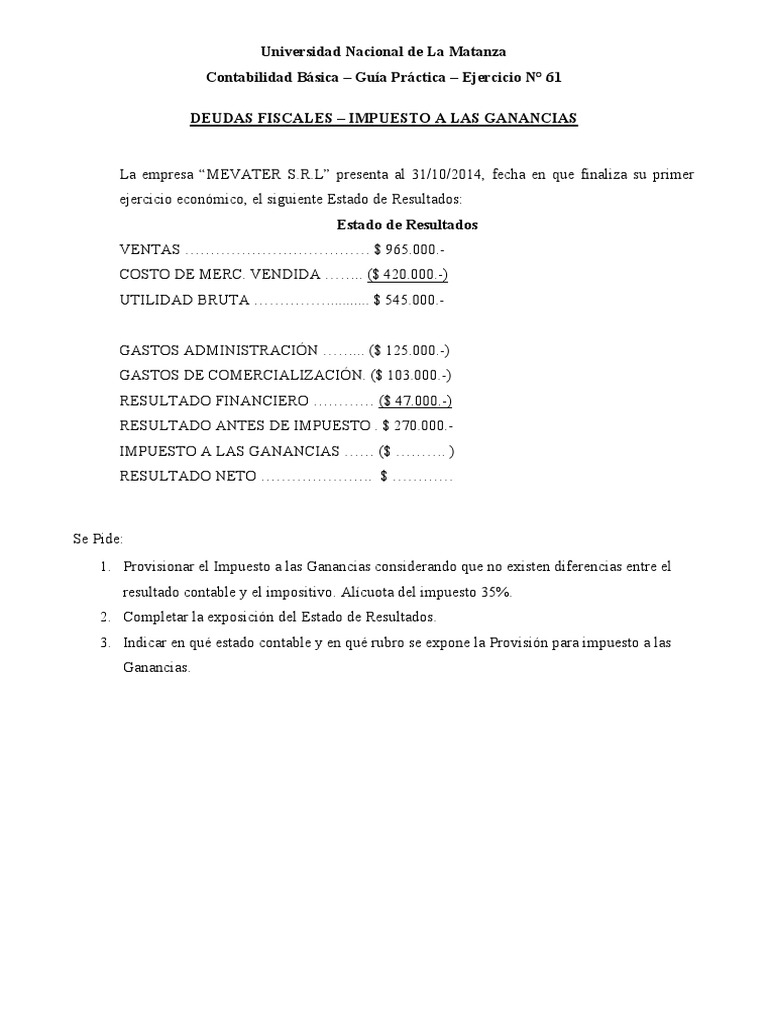 Ejercicio N - 61 | PDF | Estado de resultados | Contabilidad