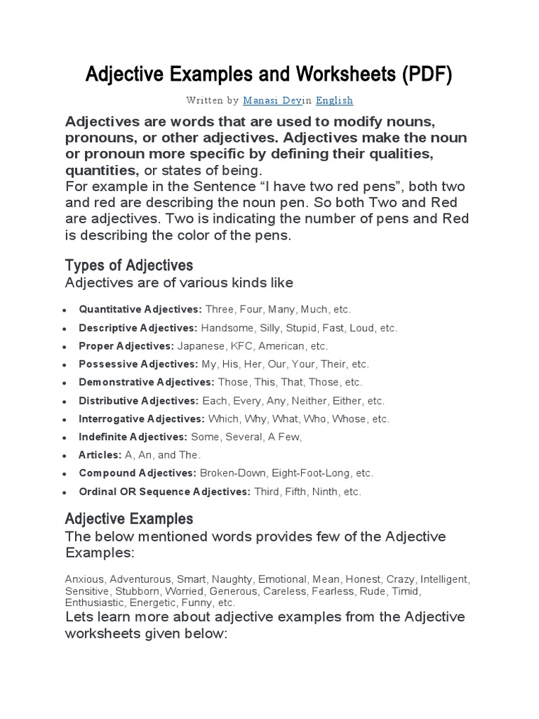 Adjective Examples and Worksheets | PDF | Adjective | Noun
