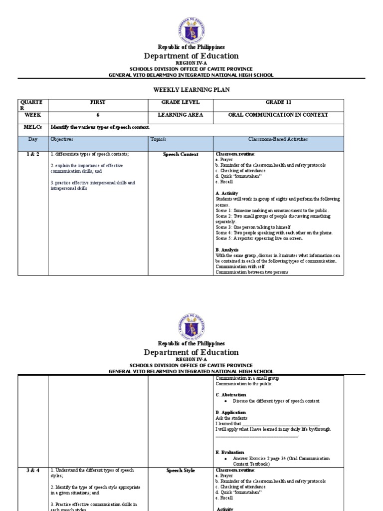 Weekly-Learning-Plan - 6 | PDF | Communication | Learning