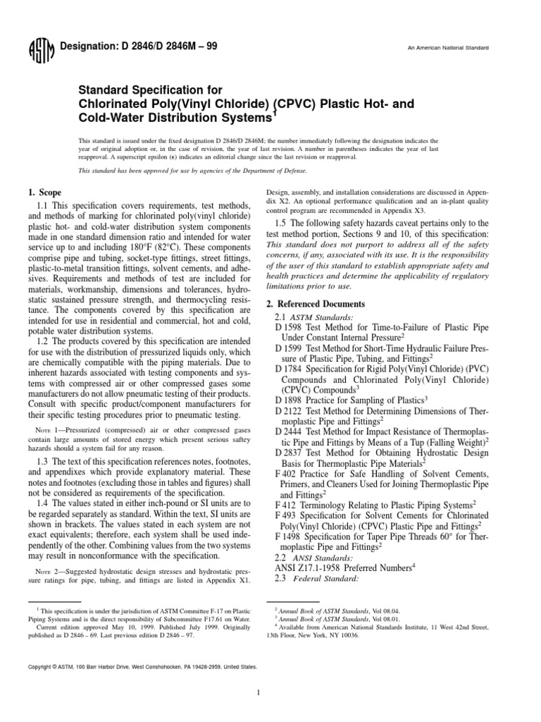 Astm D2846 | PDF | Pipe (Fluid Conveyance) | Polyvinyl Chloride