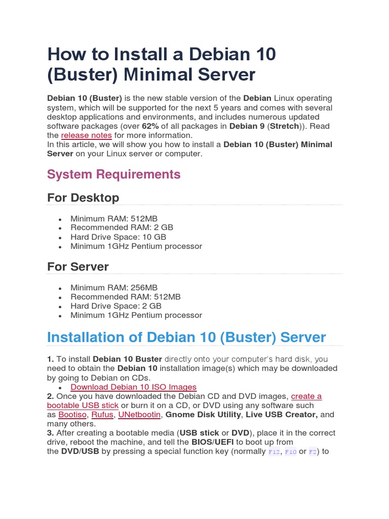 Install Debian 10 Minimal Server Guide | PDF | Booting | Software ...