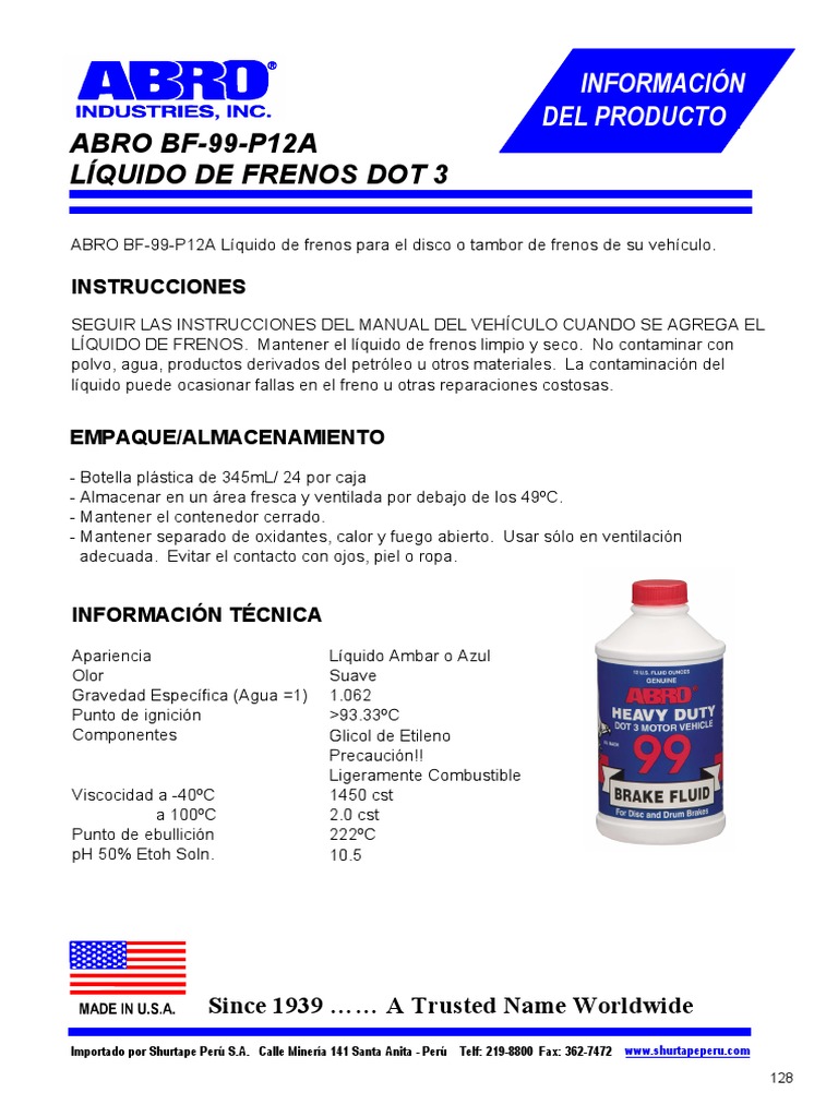 Ficha Tecnica - ABRO BF-99-P12A Liquido de Frenos | PDF