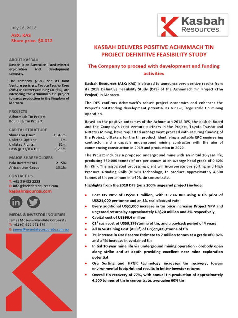 Achmmach Tin Project DFS Results 2018 | PDF | Mining | Top Down And ...
