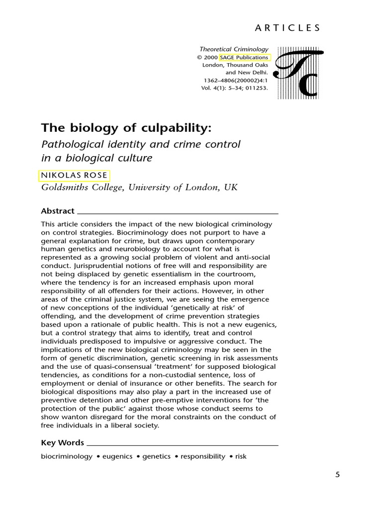THEORETICAL CRIMINOLOGY. ROSE, N. The Biology of Culpability | PDF | Criminology | Insanity Defense