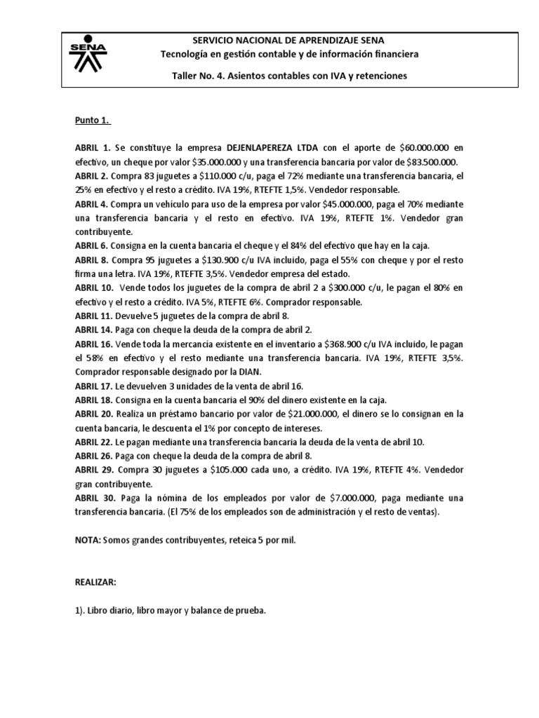 Taller No. 4. Asientos Contables Con IVA y Retenciones | PDF | Bancos | Cheque