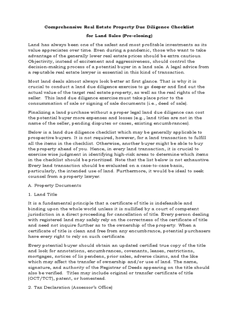 2022 Comprehensive Real Estate Property Due Diligence Checklist For ...