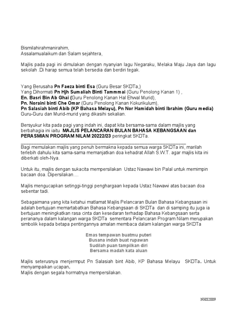 Teks Pengacaraan Majlis Pelancaran Bulan Bahasa Kebangsaan | PDF