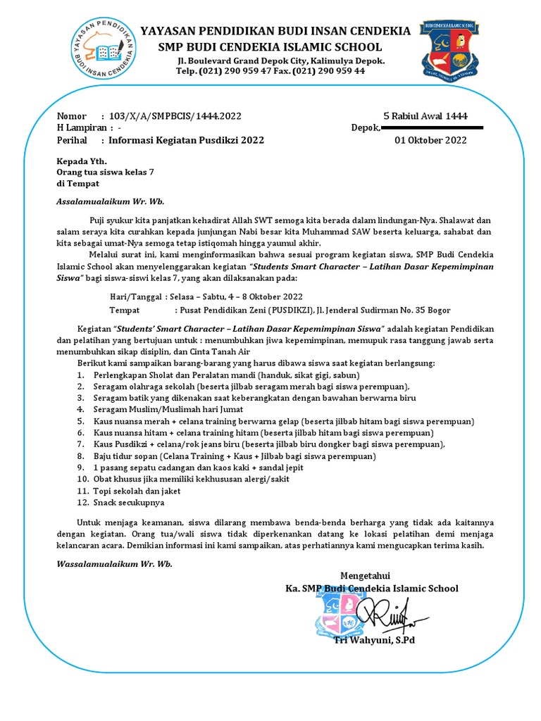 103 Surat Informasi Kegiatan Pusdikzi 2022 | PDF