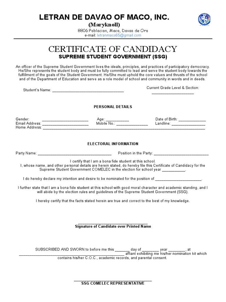 Certificate of Candidacy: Letran de Davao of Maco, Inc | PDF ...