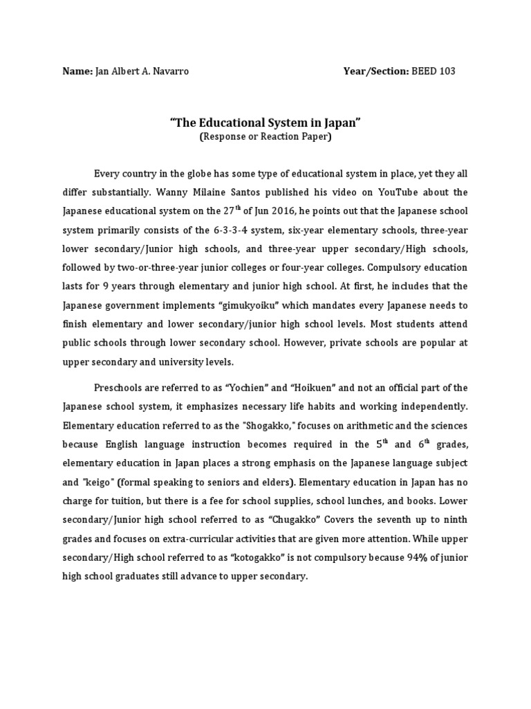 Navarro Jan Albert Reaction Paper Japanese Educational System | PDF ...