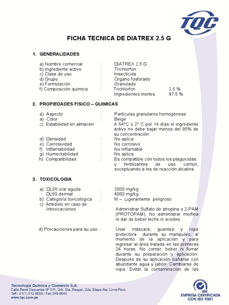 Ficha Tecnica de Diatrex 2.5 G TQC | PDF | Toxicología | Especialidades ...