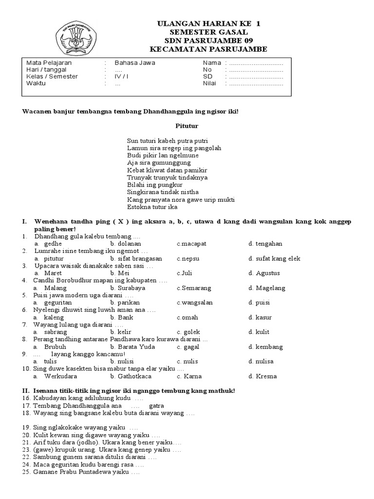 UH.1.Bahasa Jawa Kelas IV | PDF