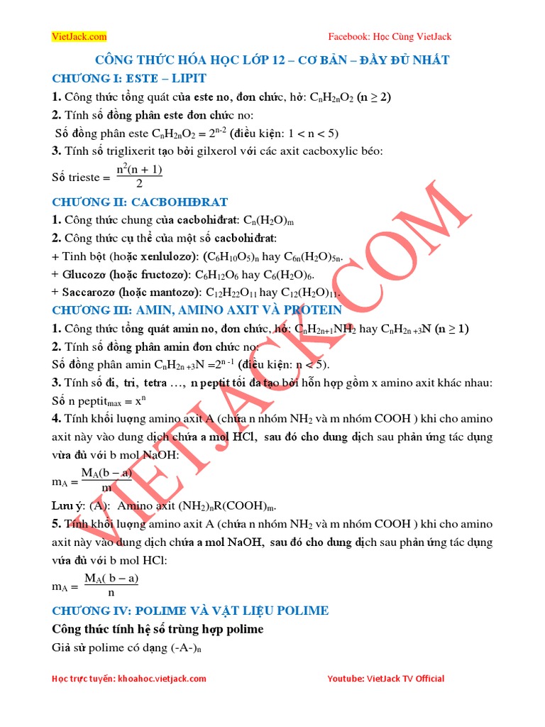 Tom Tat Cong Thuc Hoa Hoc Lop 12 | PDF