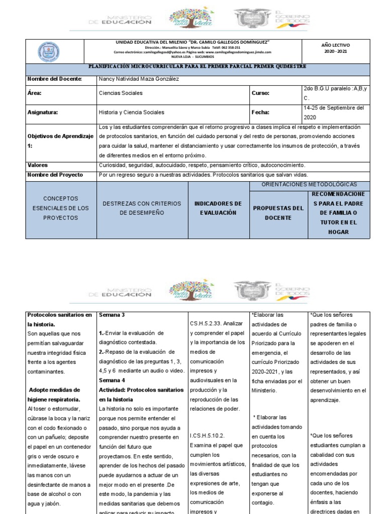2do Bachillerato de Historia y Ciencias Sociales planificación semana 3 y 4 (1) | PDF ...