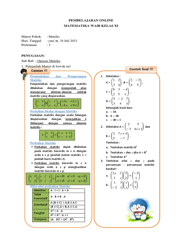 KBM p3-21 MTK Wajib Xi (Operasi Matriks) | PDF