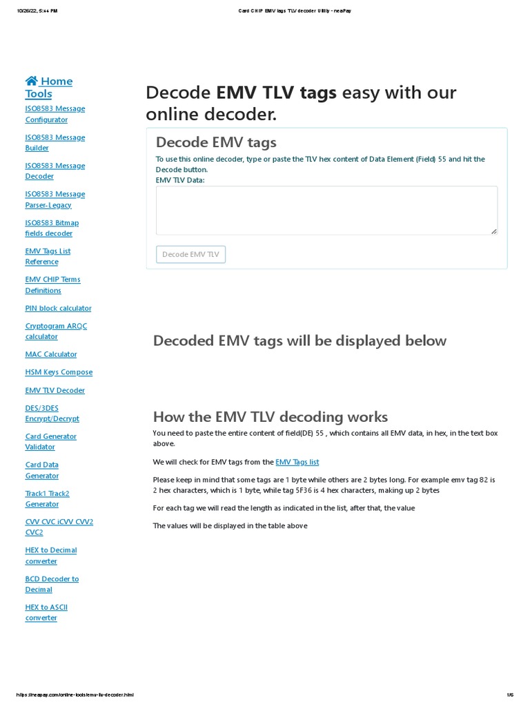 Card CHIP EMV Tags TLV Decoder Utility - Neapay | PDF | Emv | Computing
