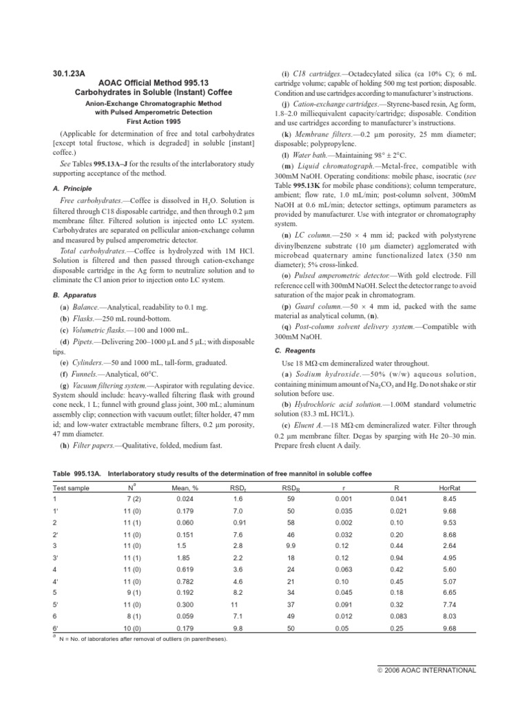 AOAC Official Method 995.13 Carbohydrates in Coffee | PDF ...