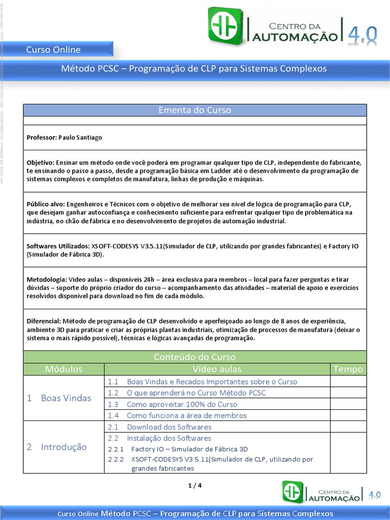 Conteúdo Programático - Método PCSC - Programação de CLP para Sistemas ...