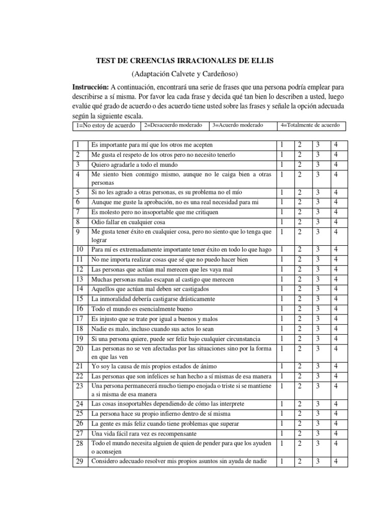 Test de Creencias Irracionales de Ellis: (Adaptación Calvete y ...