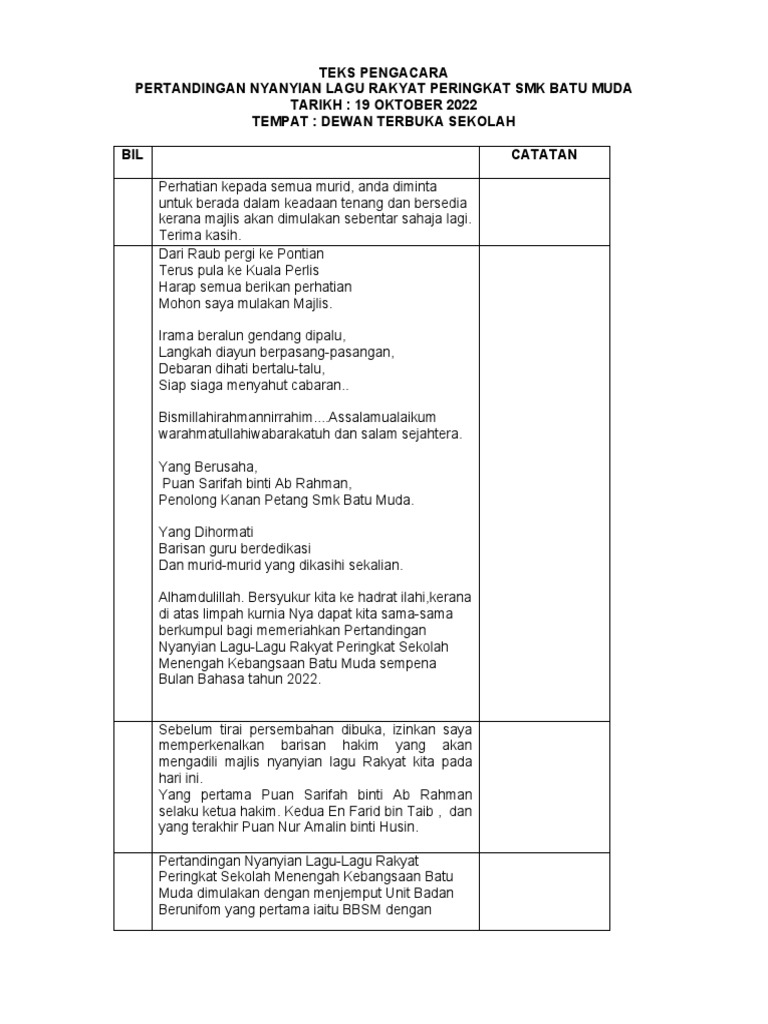 Teks MC Pertandingan Lagu Rakyat | PDF