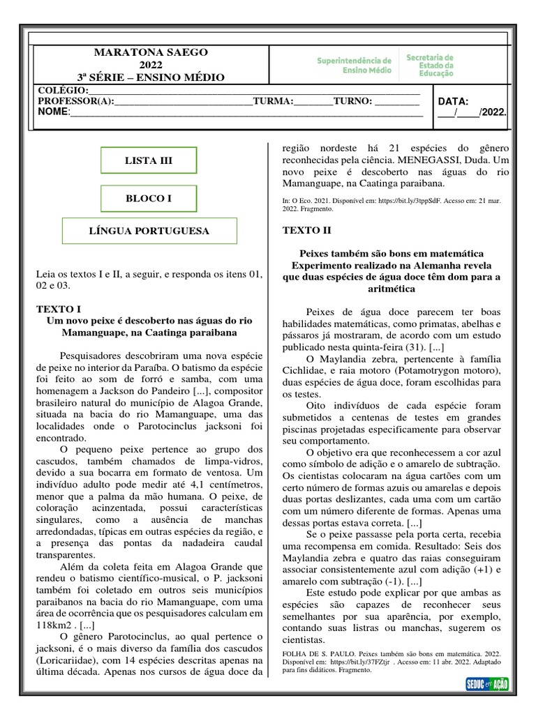 Lista III Maratona Saego 2022 Estudante | PDF