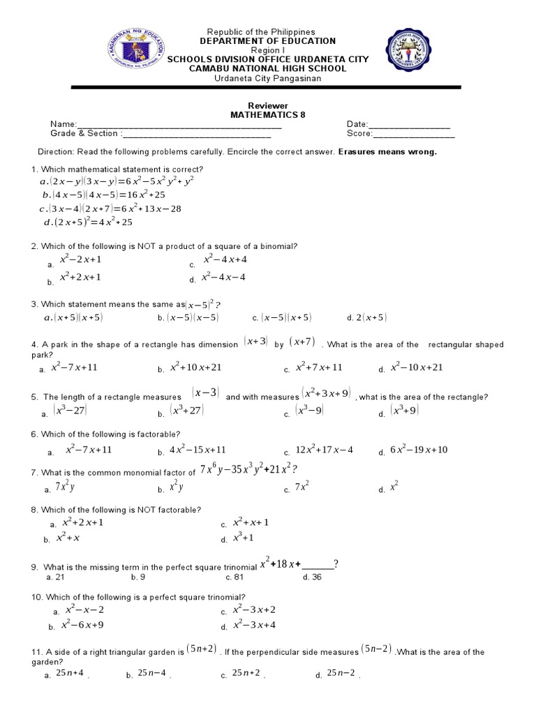 Reviewer (1) Math 8 | PDF | Numbers | Abstract Algebra