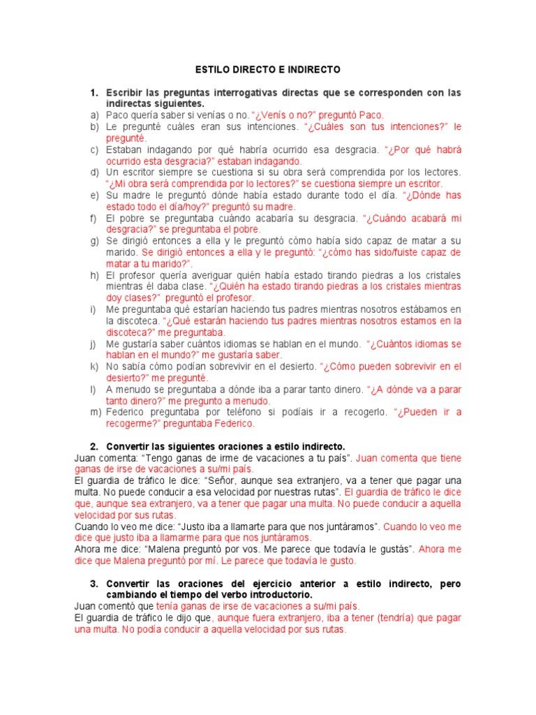 Estilo Directo e Indirecto: Ejercicios | PDF
