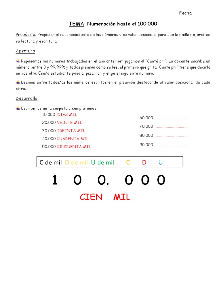 Matemática Primaria Numeración Hasta El 100000 | PDF