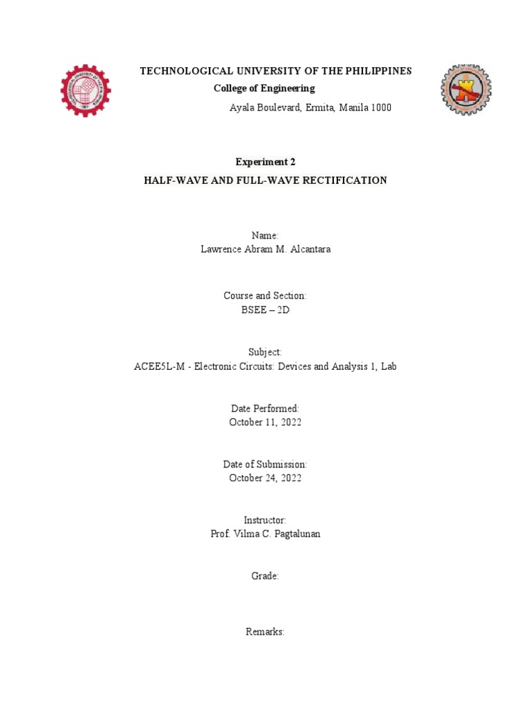 (ALCANTARA - BSEE-2D) Experiment 2 Final Report | PDF | Rectifier ...