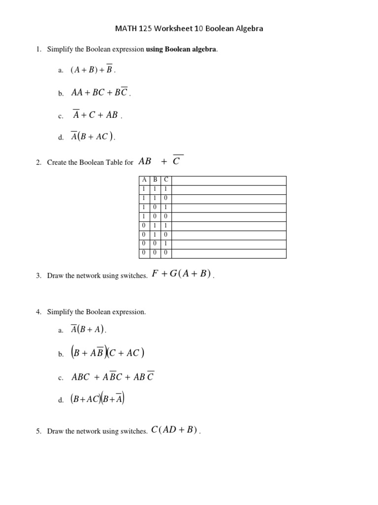 Boolean Algebra Worksheet 10 | PDF