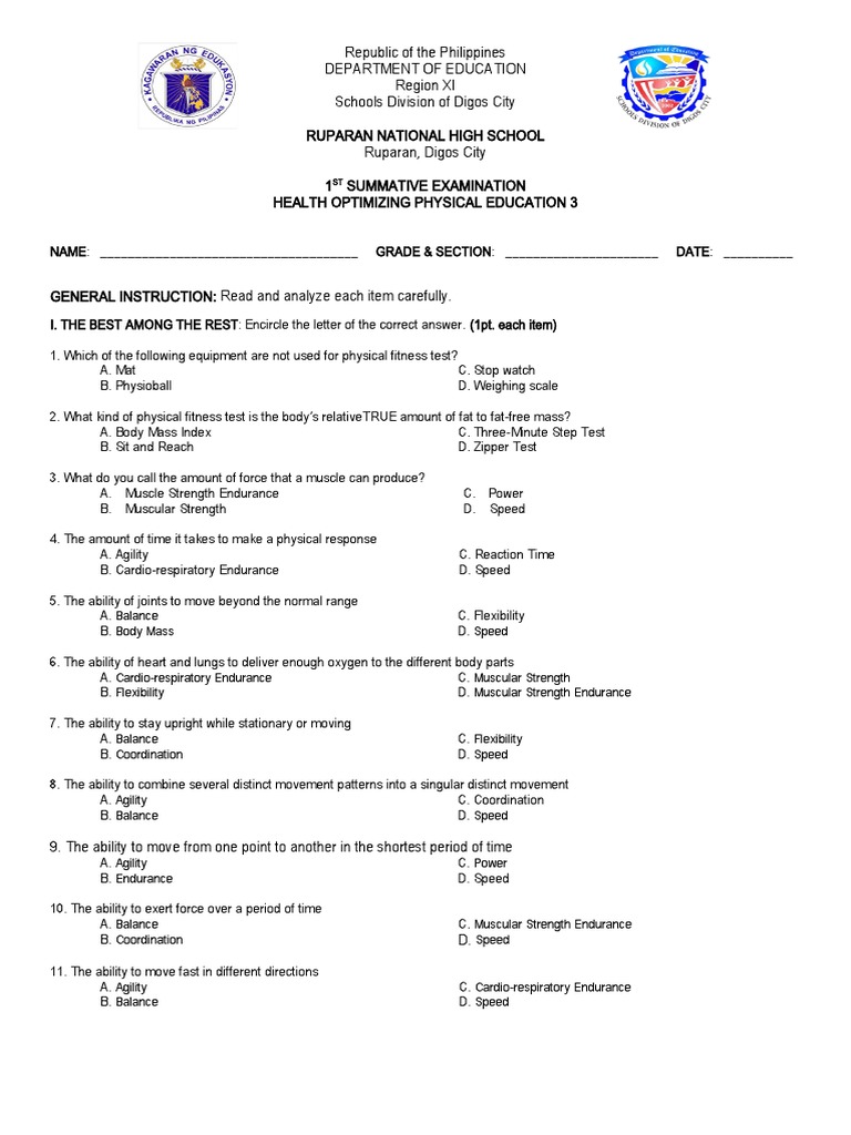 P.E. 3 (1st Quarter Summative Examination) | PDF | Flexibility (Anatomy ... P.E. 3 (1st Quarter Summative Examination) | PDF | Flexibility (Anatomy ...