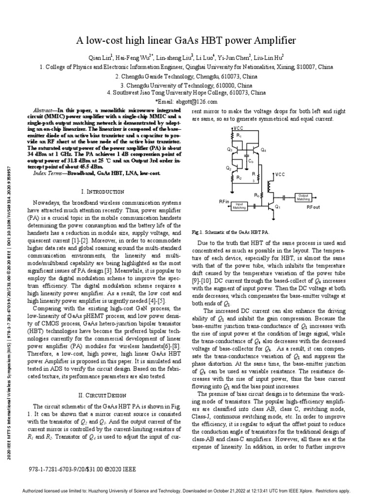 A Low-Cost High Linear GaAs HBT Power Amplifier | PDF | Amplifier | Electrical Circuits