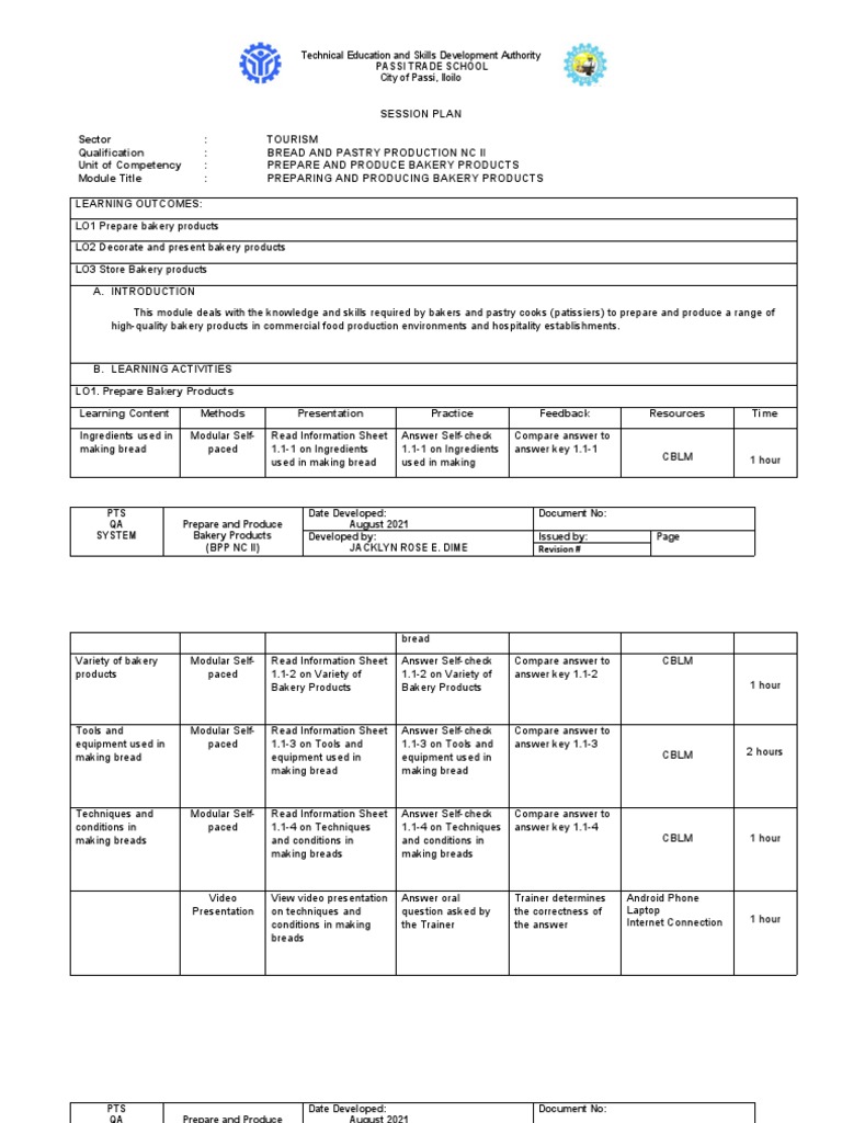 BPP Session Plan and Matrix UC1 | PDF | Baking | Dough