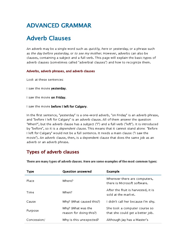 Adverb Clauses 1 Advanced Grammar | PDF | Adverb | Clause