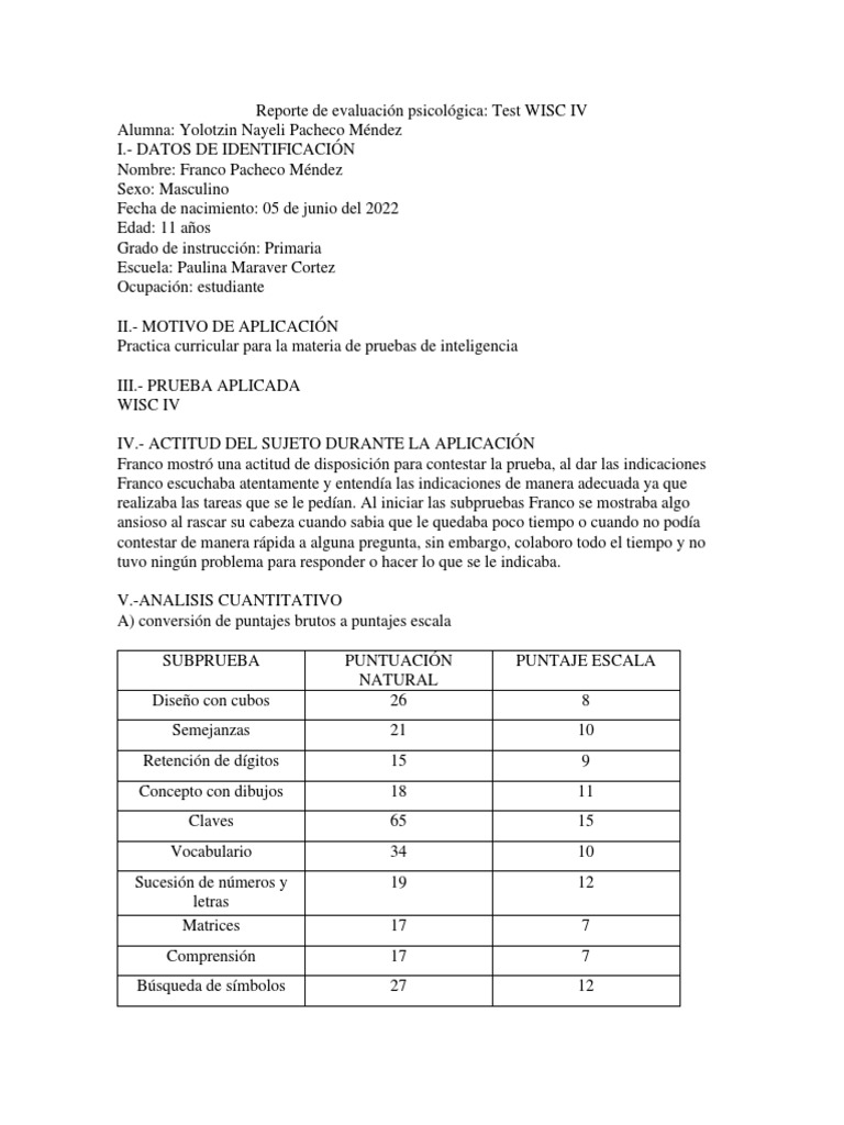 Reporte de Evaluación de Wisc IV | PDF | Ciencia cognitiva | Ciencias del comportamiento