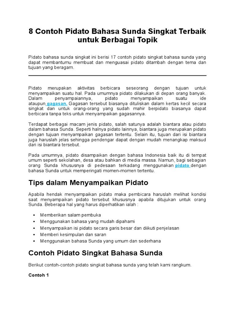 8 Contoh Pidato Bahasa Sunda Singkat Terbaik Untuk Berbagai Topik - ALY - Kelas 9A | PDF