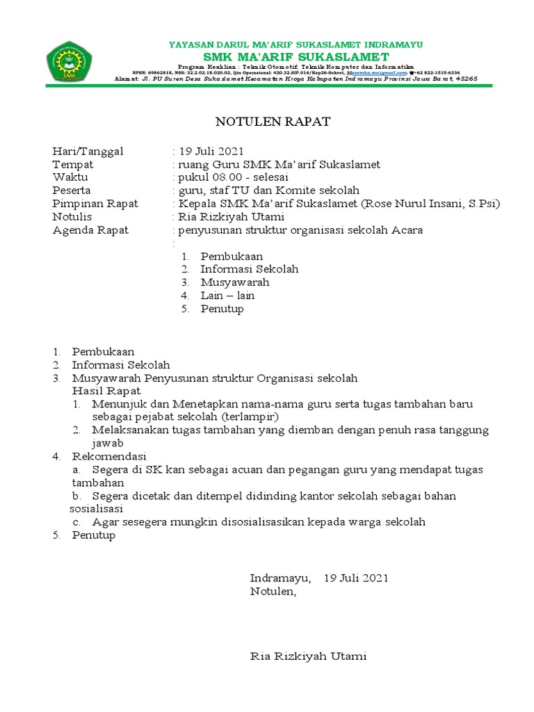 PDF Notulen Rapat Penyusunan Struktur Organisasi Sekolah | PDF