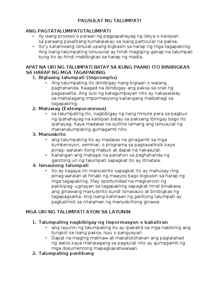 PAGSULAT NG TALUMPATI Notes | PDF