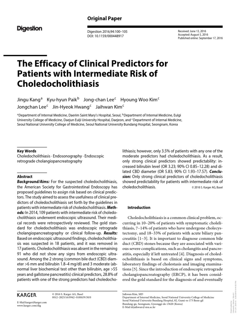 The Efficacy Of Clinical Predictors For Patients With Intermediate Risk Of Choledocholithiasis