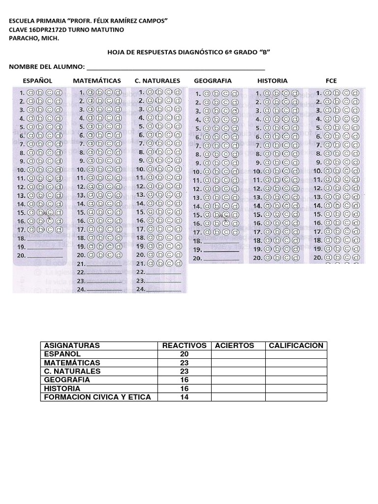 Hoja de Respuestas Diagnóstico 1 | PDF