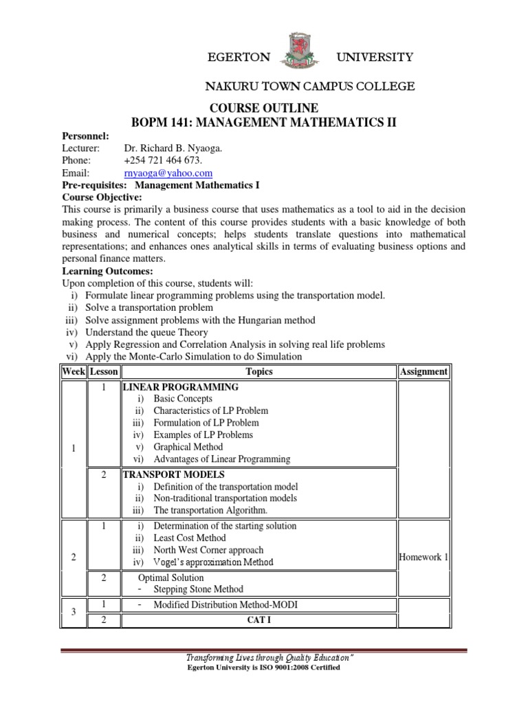 Bopm 141 MGT Maths Ii Course | PDF | Regression Analysis | Mathematics