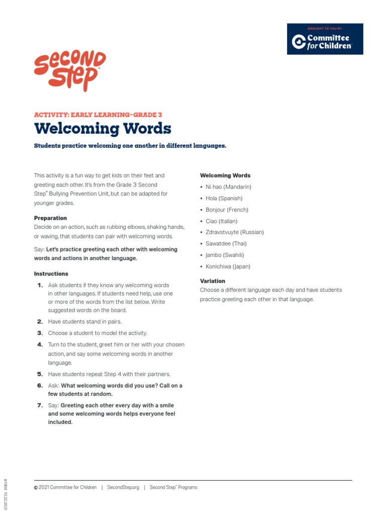 Second Step Free Resources Welcoming Words | PDF | Human Communication ...