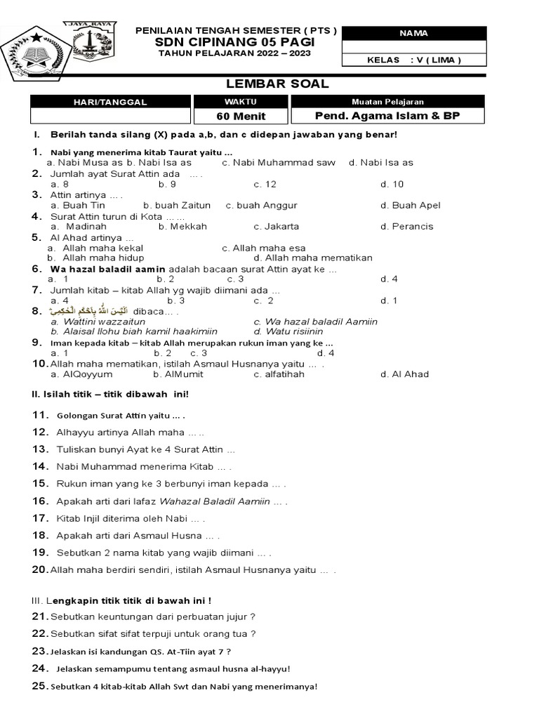 Anjani Soal PTS Kls 5 SMT 1 | PDF