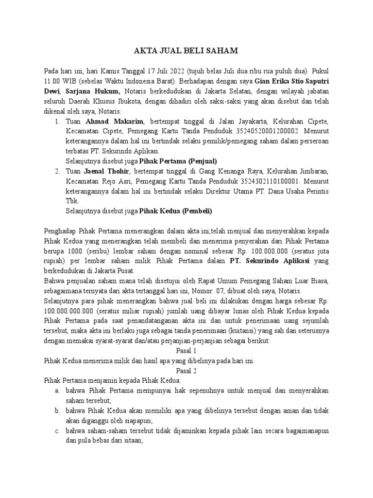 Akta Jual Beli Saham | PDF