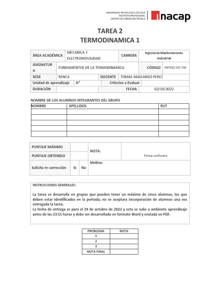 Tarea 2 Fund de La Termo 2S 2022 | PDF | Calor | Agua