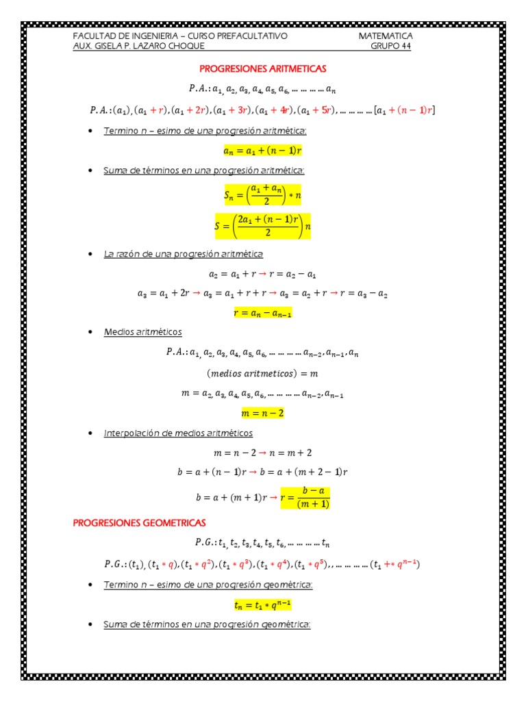 Formulario Progresiones Aritmeticas y Geometricas | PDF | Matemáticas | Análisis matemático