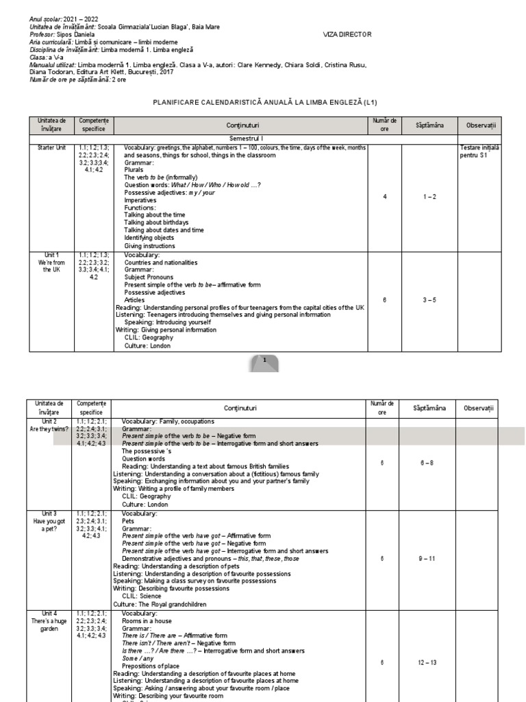 Planificare Engleza 5 | PDF | Verb | Question