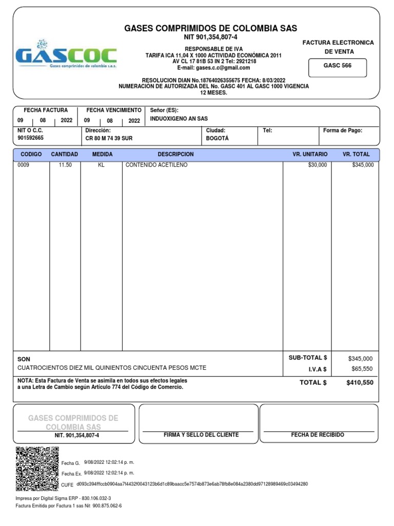 2022.08.27 Gases Comprimidos de Colombia Sas Fact-566 | PDF | Pagos | Bancario