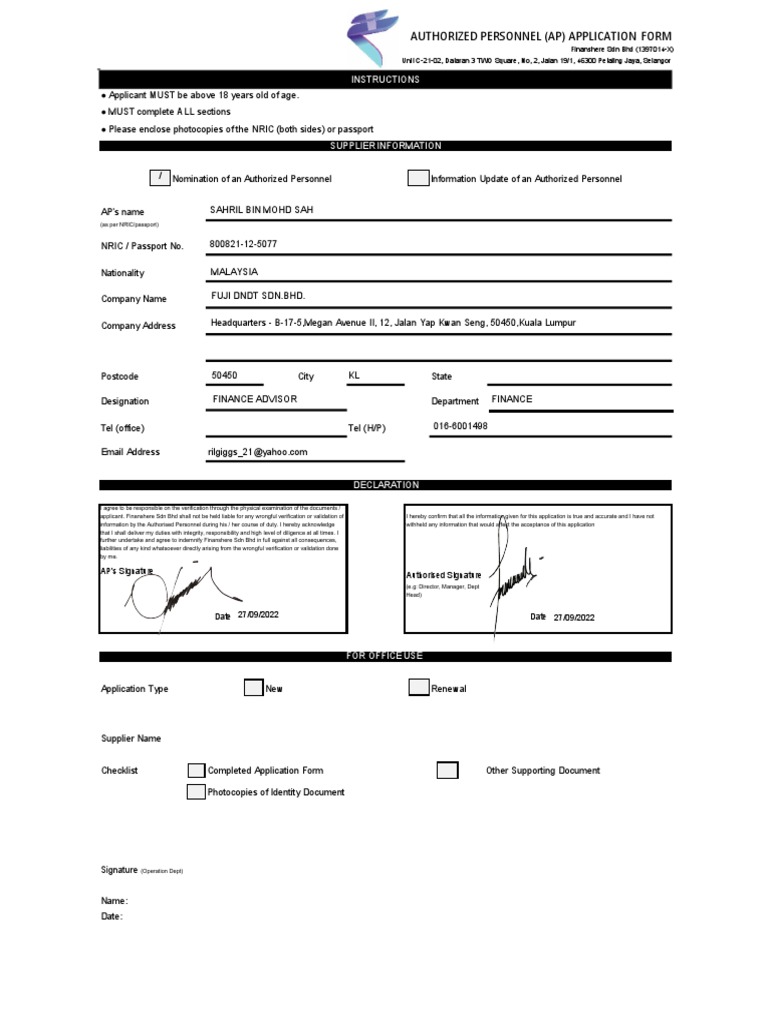 Supplier Authorized Personnel Form | PDF
