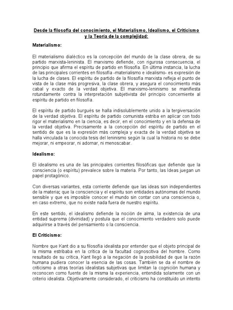 Desde La Filosofía Del Conocimiento, El Materialismo, Idealismo, El ...